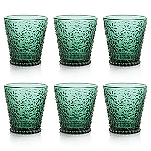 Joeyan Small Water Juice Glass Cups,Vintage Green Colored Drinking Glasses,Pretty Embossed Kitchen Glassware Set,Cute Floral Cup for Soda Lemonade Cocktail Wine,6 Pack,8.5 oz,Dishwasher Safe