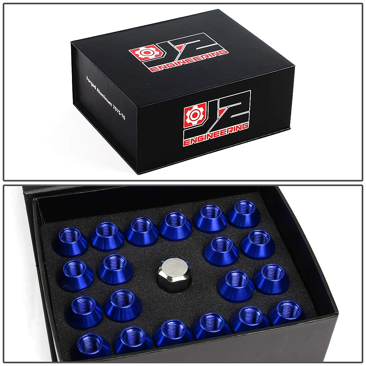 J2 Engineering 7075 Aluminum Blue M12 x 1.5 20Pcs L: 50mm Close-End Lug Nut w/Adapter