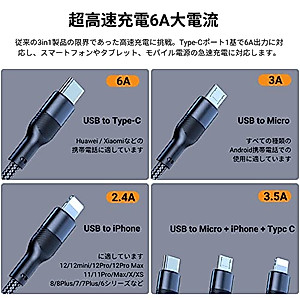 HOAIYO Multiple Charger Cable Nylon Braided 3 in 1 USB Charge Cord with Lighting Phone/Type C/Micro USB Connector for iOS Phone/Andriod Smartphones