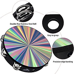 EASTROCK Radiant Tambourine Hand Held Drum 10 Inch Double Row Jingles Reflective Tambourine Musical Instrument for Kids Adults Church KTV Party