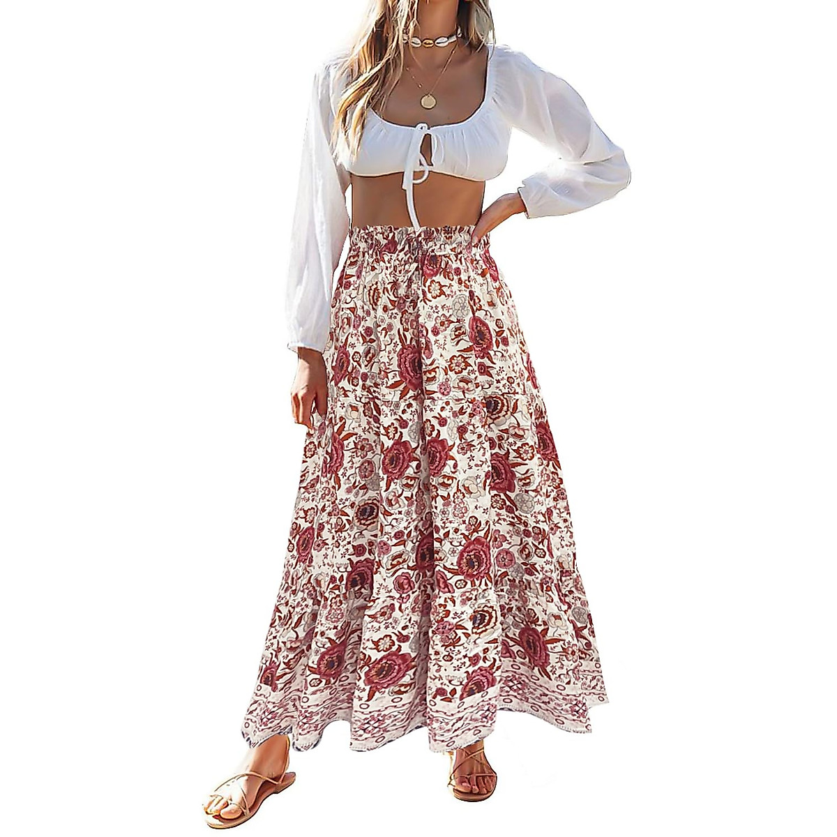ZESICA Women's 2025 Summer Bohemian Floral Printed Elastic Waist A Line Maxi Skirt with Pockets,Floral White,Medium