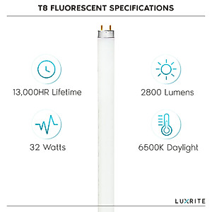 LUXRITE F32T8/865 32W 48 Inch T8 Fluorescent Tube Light Bulb, 6500K Daylight, 2800 Lumens, G13 Medium Bi-Pin Base, LR20735, 4-Pack