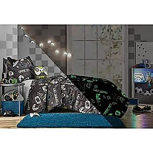 Heritage Kids Twin/Twin XL Glow in The Dark Gaming Comforter 5 Piece Set with String Light and Flashlight,Grey
