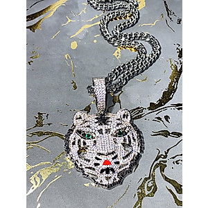 8mm Miami Cuban Link Chain Bengal Tiger Big Custom Cuban Pendant Iced Diamond cz Men Women 925 Italy Men's Choker Chain, 14k White Gold Silver Miami Cuban 6mm Chain Necklace Choker, Diamond Pendant (22" Chain Pendant)