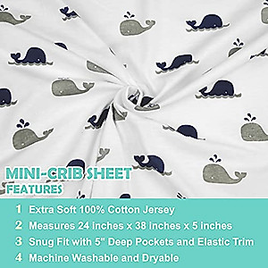 TL Care 2 Pack Fitted Mini Crib Sheet 24" x 38", Soft Breathable Neutral 100% Cotton Jersey Portable Sheet, Navy Whale/Gray Zigzag, for Boys and Girls, Fits Most Pack N Play Mattresses