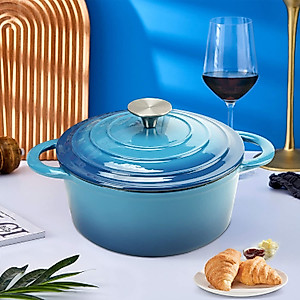 Dutch Oven Cast Iron 5 Quart Enameled Cast Iron Dutch Oven Pot with Self Basting lid Blue Heavy Duty Dutch Oven Dual Handles Porcelain Enameled Cast Iron Pot Family or Friends Gifts