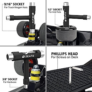 Zeato All-in-One Skate Tools Multi-Function Portable Skateboard T Tool Accessory with T-Type Allen Key and L-Type Phillips Head Wrench Screwdriver - Black