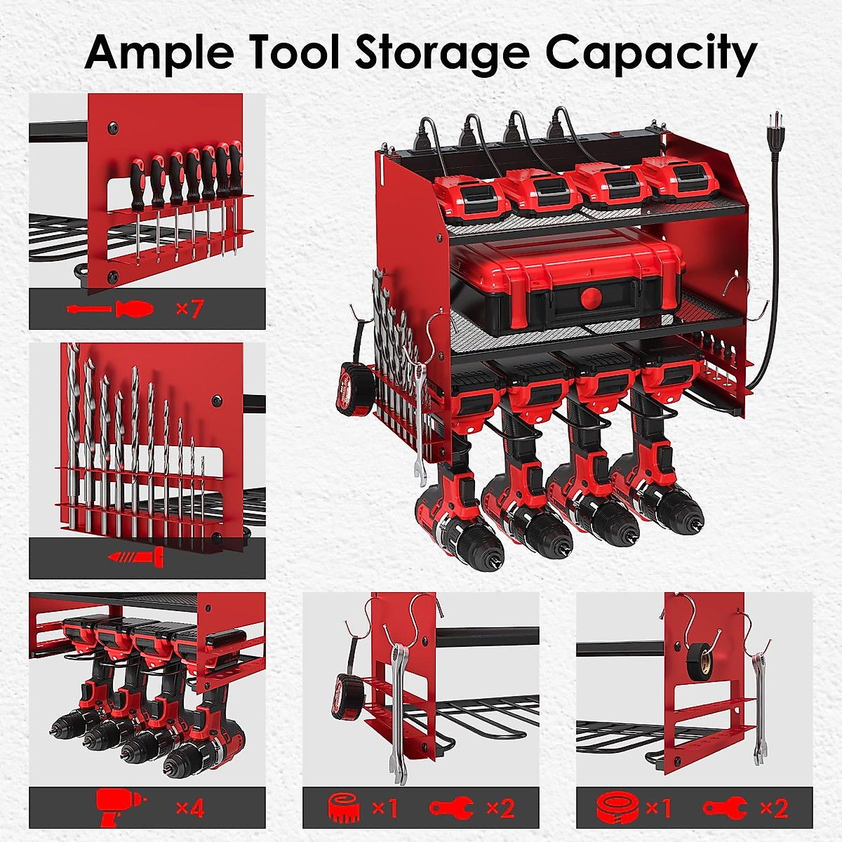 TLGREEN Power Tool Organizer Wall Mount with Charging Station, 4 Drill Holder Built in 8 Outlet Power Strip, Tools and Battery Storage Rack, for Tool Room, Garage Organization, Workshop