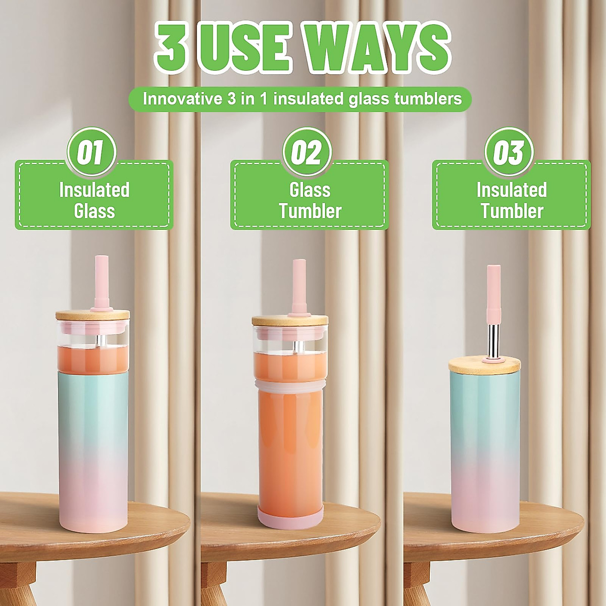 Tronco 20 oz Double Walled Insulated Glass Tumbler with Straw and Lid, Vacuum Stainless Steel Outer, Reusable Insulated Iced Coffee Cup Smoothie Cup, Sweat-Free, BPA Free