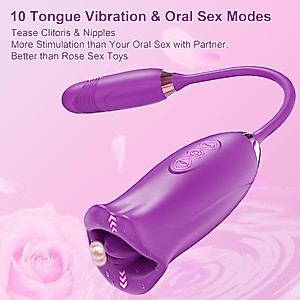 Rose Sex Toys Dildo Vibrator for Women - Adult Vibration Oral Sex Toy with 10 Thrusting & Vibrating Kiss Modes, G Spot Clitoris Nipple Vibrator Licker Stimulator for Couples Pleasure Female Sex Toys