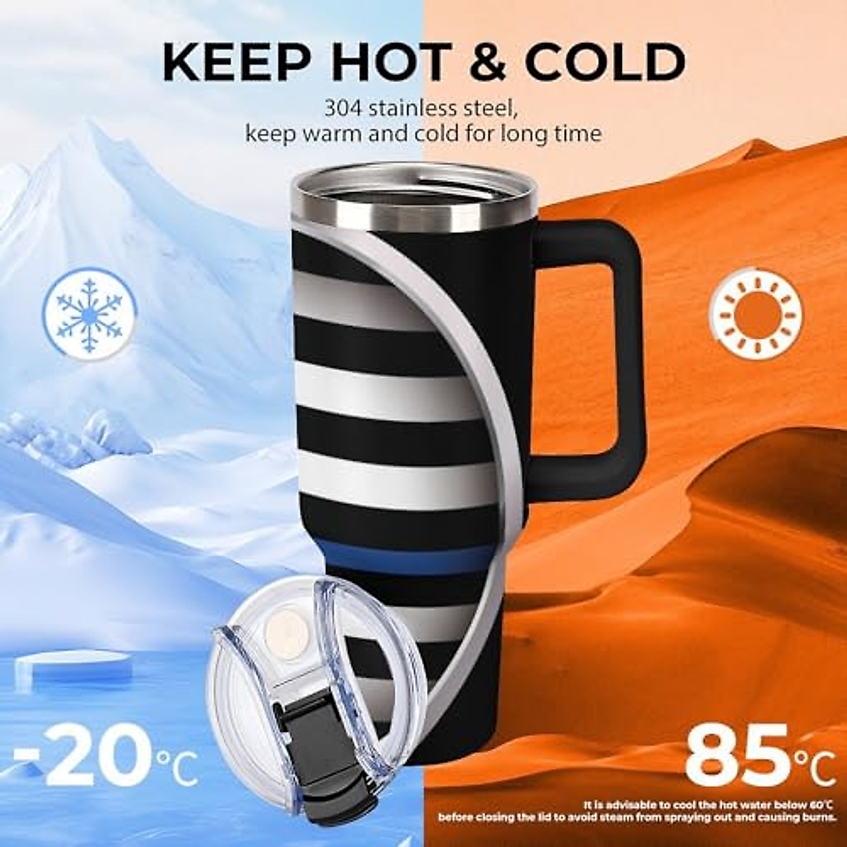 40 oz Tumbler, Large Capacity with Handle and Straw Travel Insulated Tumblers, Thin Blue Line American Flag Ring Black Stainless Steel Cup for Women, Men