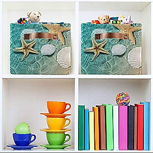 Storage Basket Sea Beach Starfish Seashell Rectangle Foldable with Leather Handle Nursery Storage Bins Boxes Cube Organizer for Children Toys Books Clothes Home Bedroom
