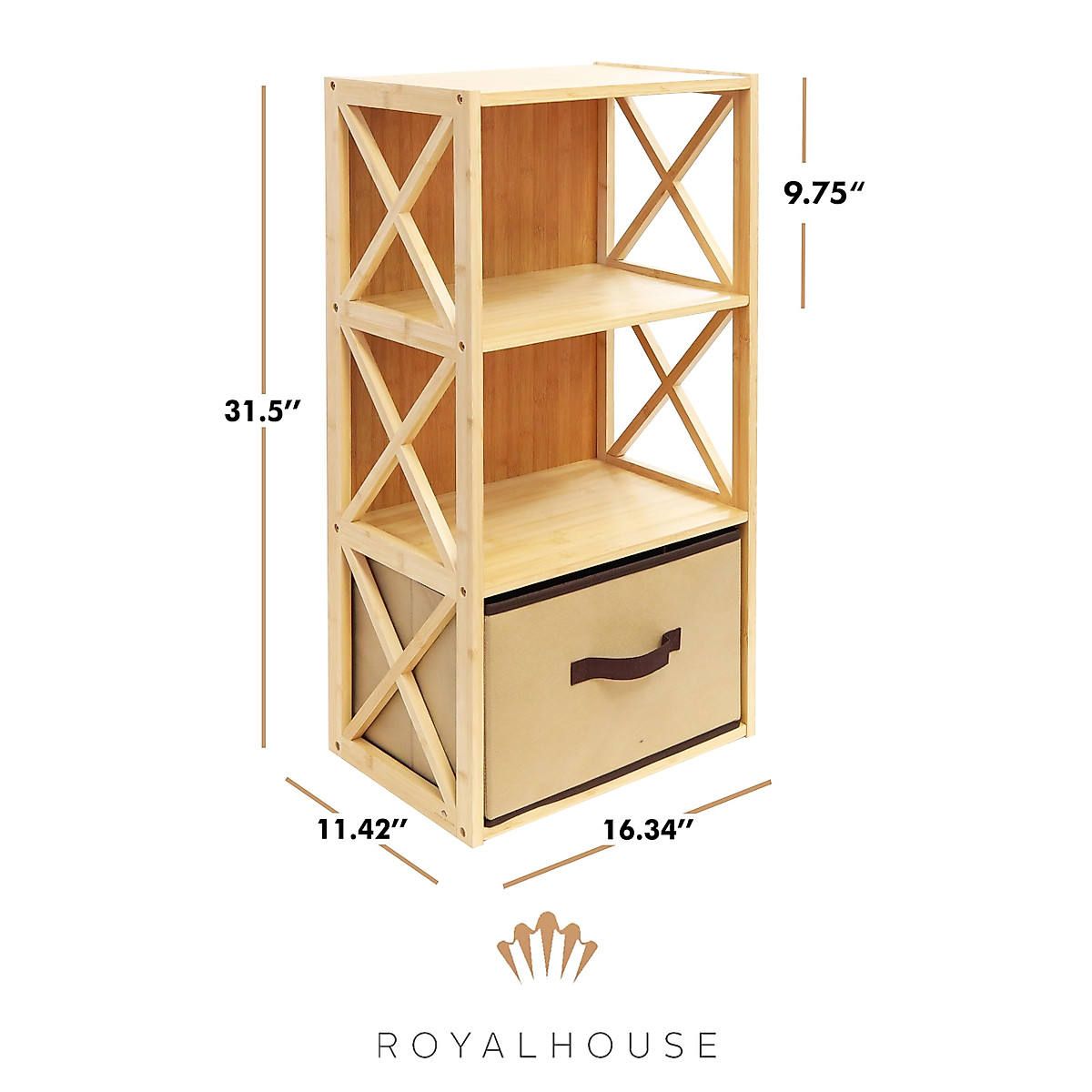 RoyalHouse Bamboo Storage Cabinet with Basket, 3-Tier Open Shelf, Cabinet for Bathroom, Living Room, Bedroom, Kitchen,Office