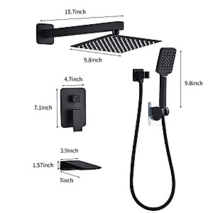 LCEVCGK Shower Faucet Set Complete Matte Black Shower System with 10 inch Square Rainfall Shower Head 3-Function Handheld Shower Waterfall Bathtub Spout Rain Shower Combo Set Bathroom Wall Mounted