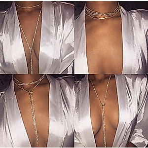 Kercisbeauty Multi Row Boho Tennis Chain Rhinestones Choker Long Chain Necklace for Women Jewelry (Silver)