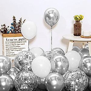 Bezente White Silver Balloon Garland Kit,100Pcs White Silver Metallic Chrome and Silver Confetti Balloons with Balloon Tape for Wedding, Prom,Special Events Party Decoration.