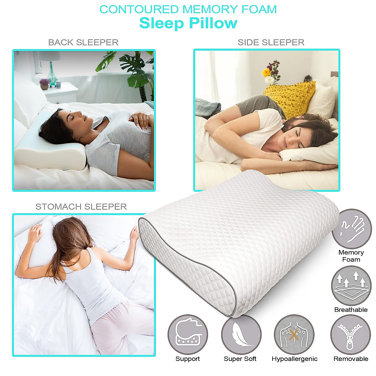 Memory Foam Cervical Neck Pillow - Back, Stomach, and Side Sleeper Pillow for Neck and Shoulder Pain Relief and Snoring Reduction - Orthopedic Neck Support Pillow with Breathable Cover