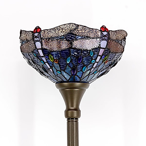 WERFACTORY Tiffany Floor Lamp Sea Blue Stained Glass Dragonfly Light 12X12X66 Inches Pole Torchiere Standing Corner Torch Uplight Decor Bedroom Living Room Home Office S631 Series
