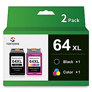 64XL Ink Cartridge Combo Pack Remanufactured Compatible for HP Ink 64 Ink,Work with Envy Photo 7855 7858 7155 7120 6252 6255 7120, 6200/7100/ 7800/ Tango X Series Printer (1*Black,1*Tri-Color)