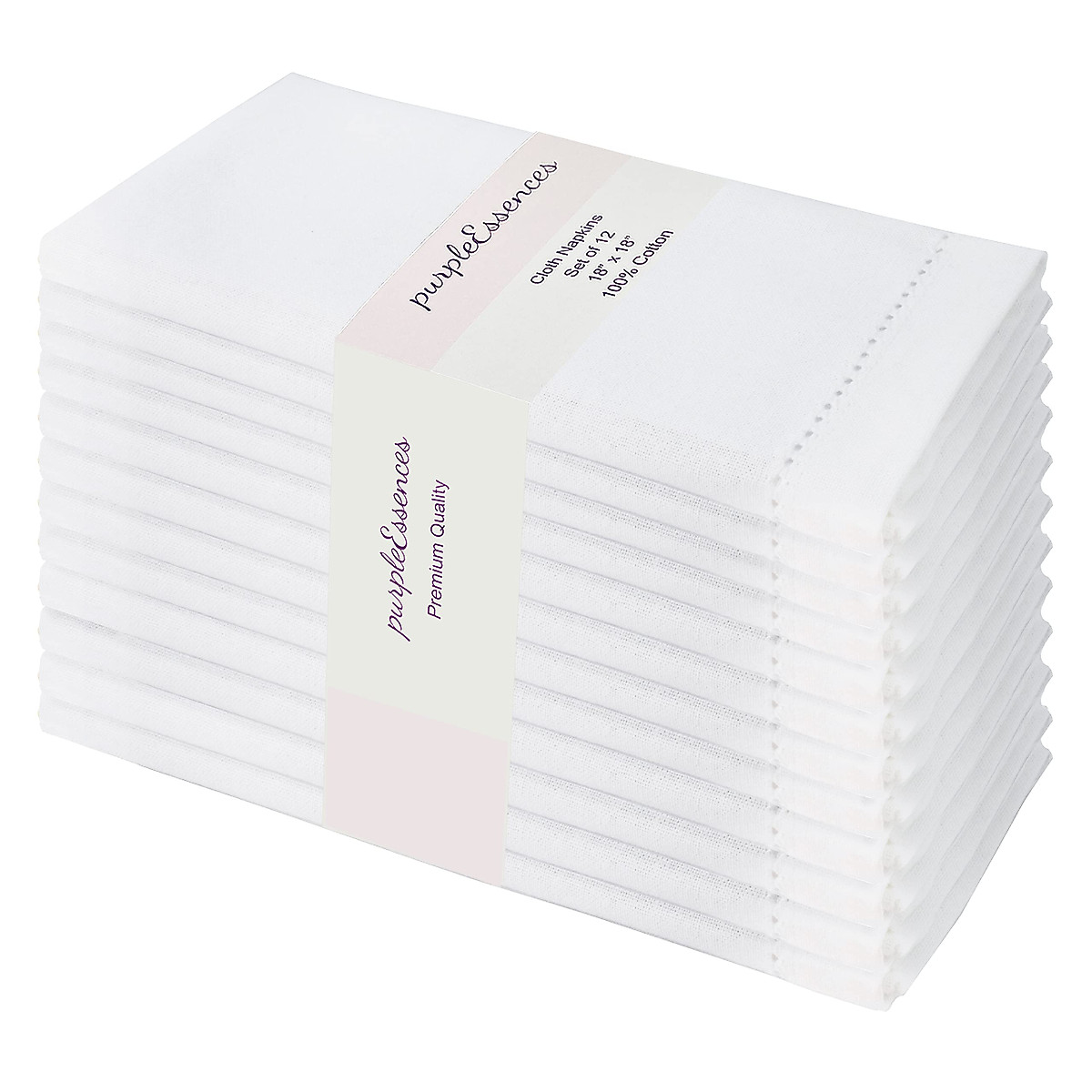 PurpleEssences Set of 12 Hemstitch Cloth Dinner Napkins 100% Cotton - Soft Durable Washable -Ideal for Wedding Fall Thanksgiving and Christmas - Perfect Everyday Use Table Linen 18x18 - White