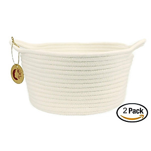 Orino Natural Two Small Cotton Rope Storage Basket with Handles Soft Durable Laundry Toy Pet Storage Nursery Home Decorations Bin (11.81x10.23x6.23 inch, Medium, Off White)