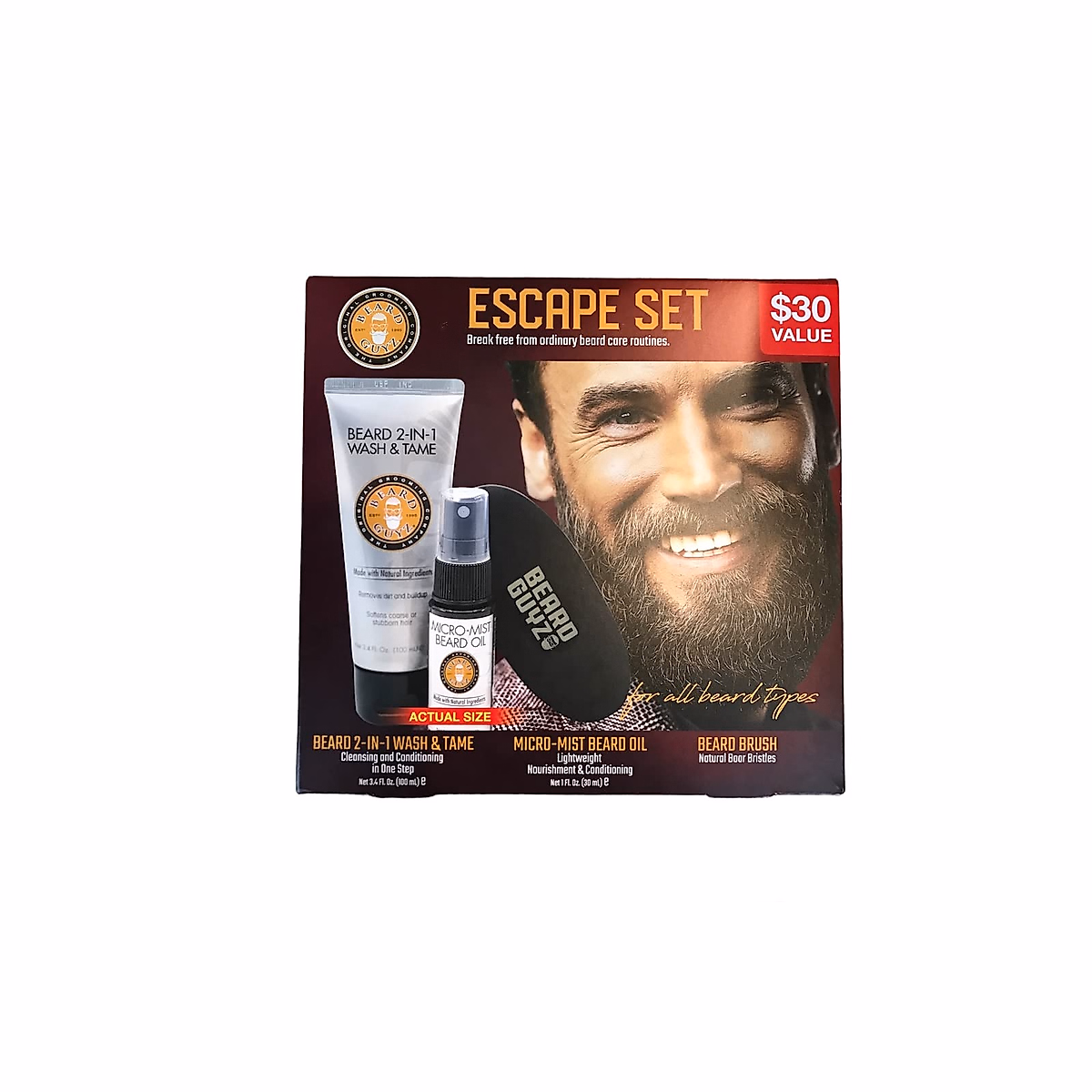 Beard Guyz Escape Set - Beard 2-in-1 Wash & Tame, Micro-Mist Beard Oil, and Beard Brush