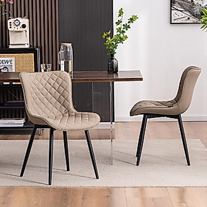 YOUTASTE Khaki Dining Chairs Set of 2 Mid Century Modern PU Leather Diamond Upholstered Accent Guest Dinner Chair with Back Metal Legs for Kitchen Living Reception Waiting Room