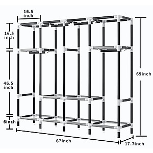 KEKIWE Portable Closet, 69 Inch Wardrobe Closet for Hanging Clothes with 4 Hanging Rods, 8 Storage Shelves, Side Pockets, Strong and Durable 25mm Metal Tube, Quick and Easy to Assembly, Grey