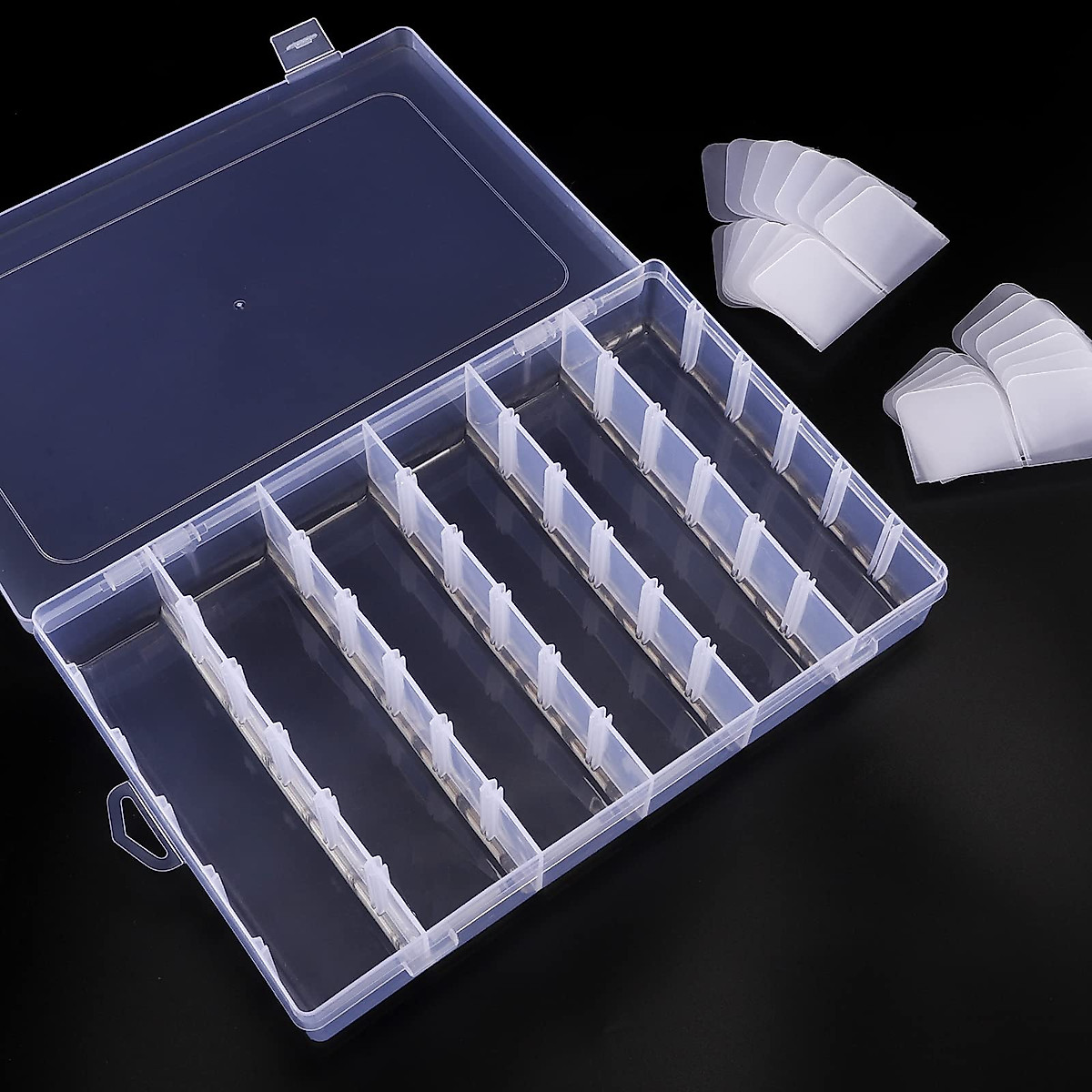 BAKHUK 4 Pack 36 Grids Clear Plastic Organizer Box Storage Container with Adjustable Divider, Tackle Box Organizer Bead Organizer Art Crafts Jewelry with 400 Label Stickers