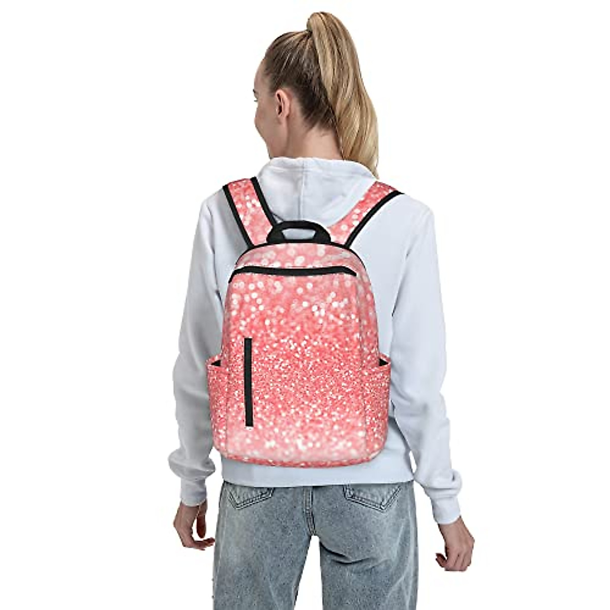 FUFUMALL 14.7 Inch Bookbag Backpack Lightweight Zipper Daypack, Pink Glitter Sparkle Cute Small Backpacks Book Bag with Pockets/Shoulder Staps for 1th- 6th Grade Girls Boys Students