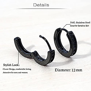 Tarsus 12mm Unisex Black Round CZ Hoop Earrings Huggie Ear Piercings