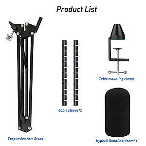 SUNMON HyperX QuadCast Boom Arm，Adjustable Suspension Microphone Boom Arm for HyperX QuadCast, QuadCast S Boom Arm – Upgrade C Clamp, 2 Cable Ties, Pop Filter Cover Compatible with HyperX Microphone