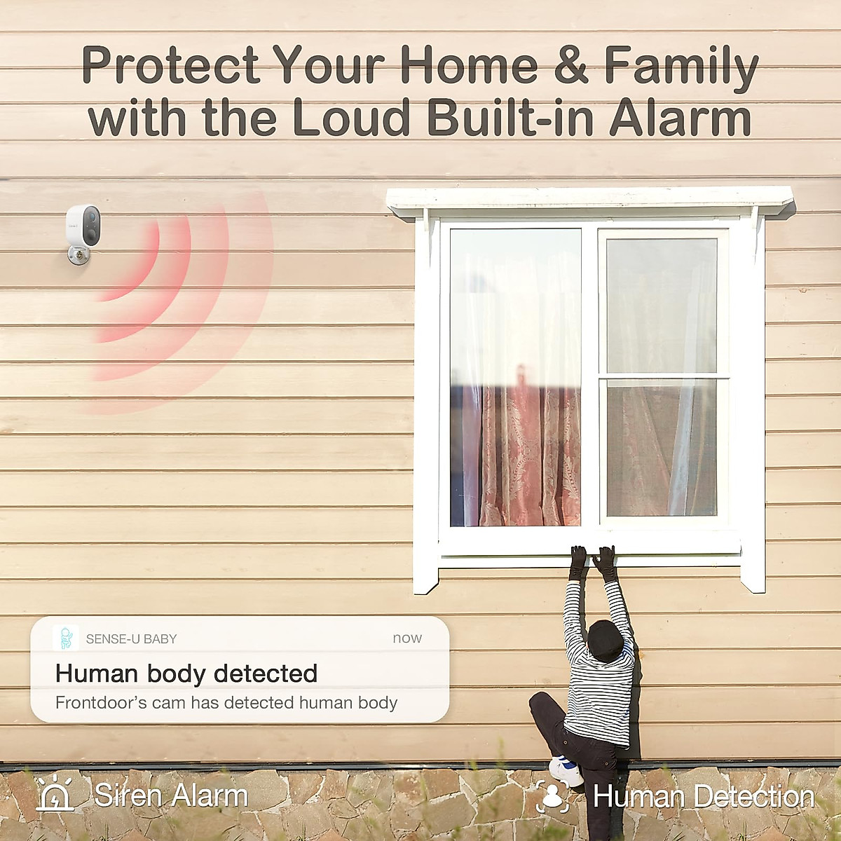 Sense-U Baby Security Camera 2 for Outdoor or Indoor, HD Smart Monitor for Baby, Pet, Human, with Night Vision, PIR Motion Detection, Siren Alarm, No Monthly Fee