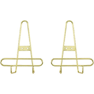 MyGift Wall Mounted Brass Tone Metal Wire Vertical Plate Holder, Decorative Hanging Collectible Plate Display Rack - Holds Single Plate Up To 8 Inches, Set of 2
