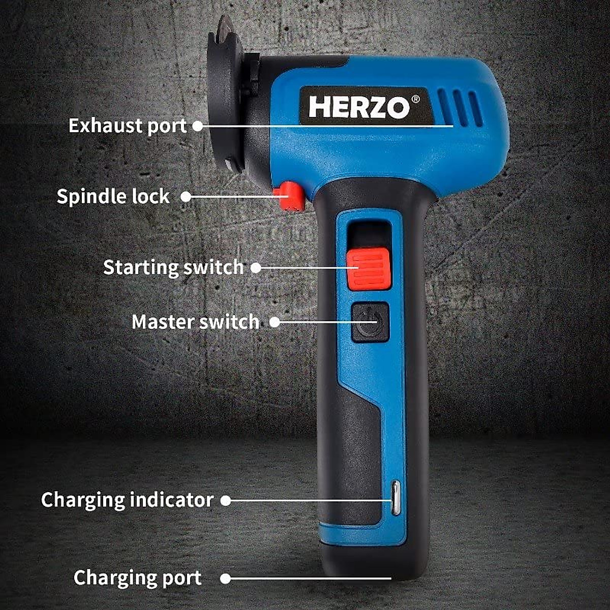 HERZO Mini Angle Grinder Cordless 2 inch, 7.2V Lithium Brushless Grinder Tool for Cutting, Grinding