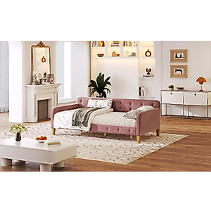OUYESSIR Twin Size Upholstered Daybed, Comfy Wooden Velvet Fabric Day Bed Frame with Tufted Button for Kids Adults Boys Girls, Pink