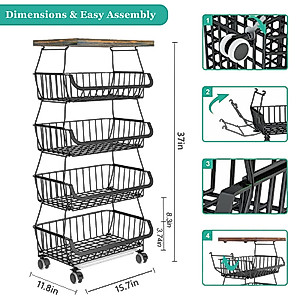 CHLORYARD Fruit Basket with Wooden Lid for Kitchen, 5-Tier Stackable Wire Fruit Vegetable Storage Basket Organizer Stand on Wheel, Produce Basket Potato Onion Storage Bins Rack Cart for Pantry