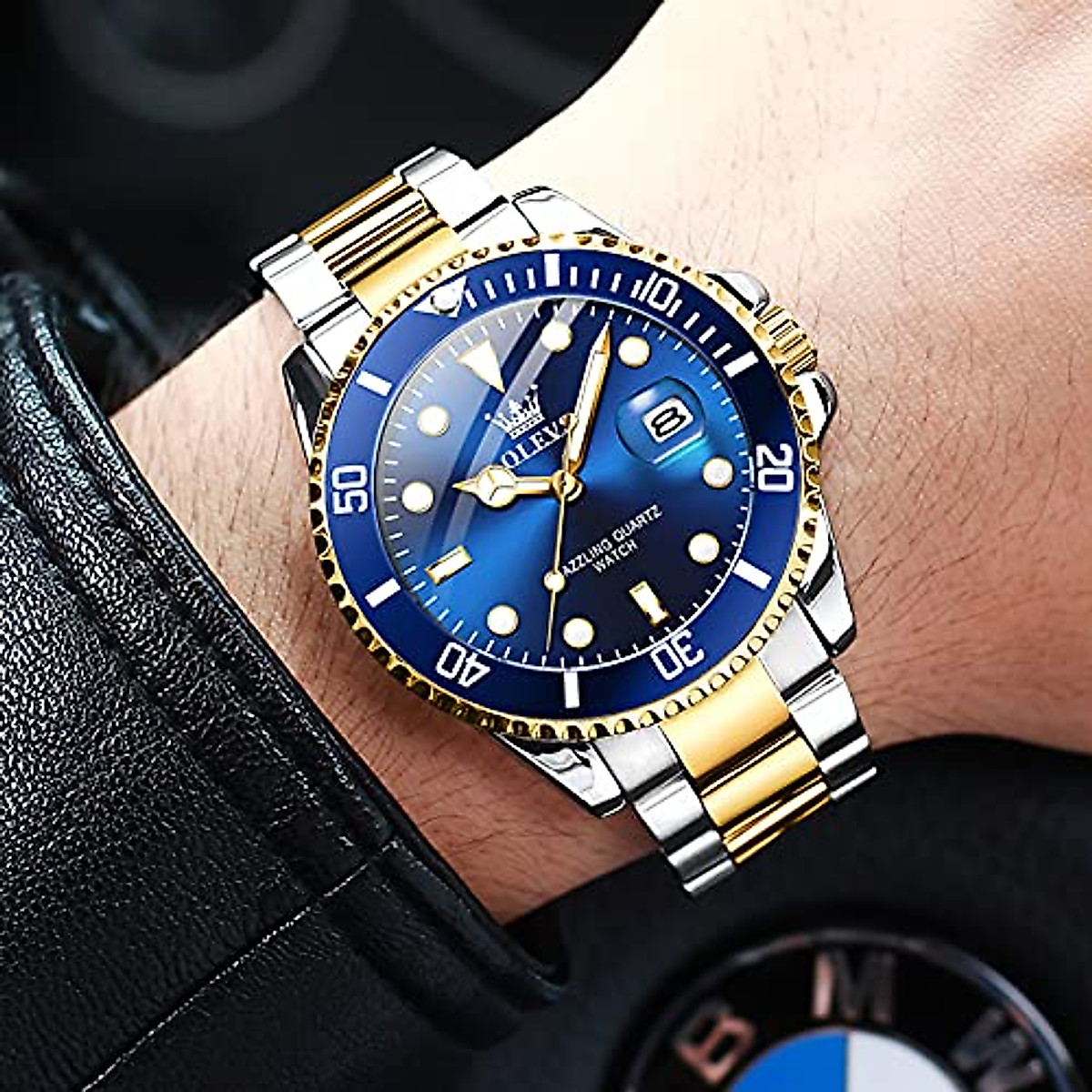 Blue Face Watches for Men Silver Gold Stainless Steel Band Watches With Date OLEVS Watch Mens Pro Diver Watches Classic Waterproof Wristwatch for Men Round Dress Big Face Male Watch Fashion Multifunction For Man Luxury Analog Quartz Luminous Watch