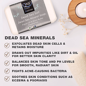 One With Nature Dead Sea Mineral Salt Soap 4oz 3Pk, with Argan Oil & Shea Butter. Dead Sea Salt Contains Magnesium, Sulfur & 21 Essential Minerals. Helps skin conditions, 100% Natural, Fragrance Free