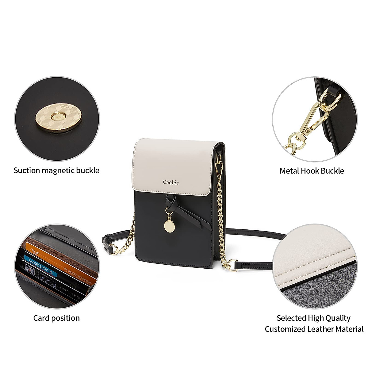 Cnoles Small Crossbody Phone Purse for Women Leather Wallet with Credit Card Slots Black