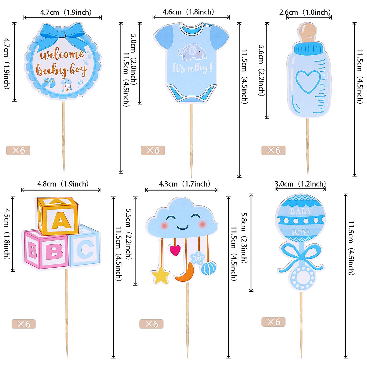 36 PCS Oh Baby Cupcake Toppers Double Sided Pacifier Cloud Moon Star Welcome Baby Boy Cupcake Picks Baby Shower It's a Boy Cake Decorations for Baby Shower Kids Boys Birthday Party Supplies Blue