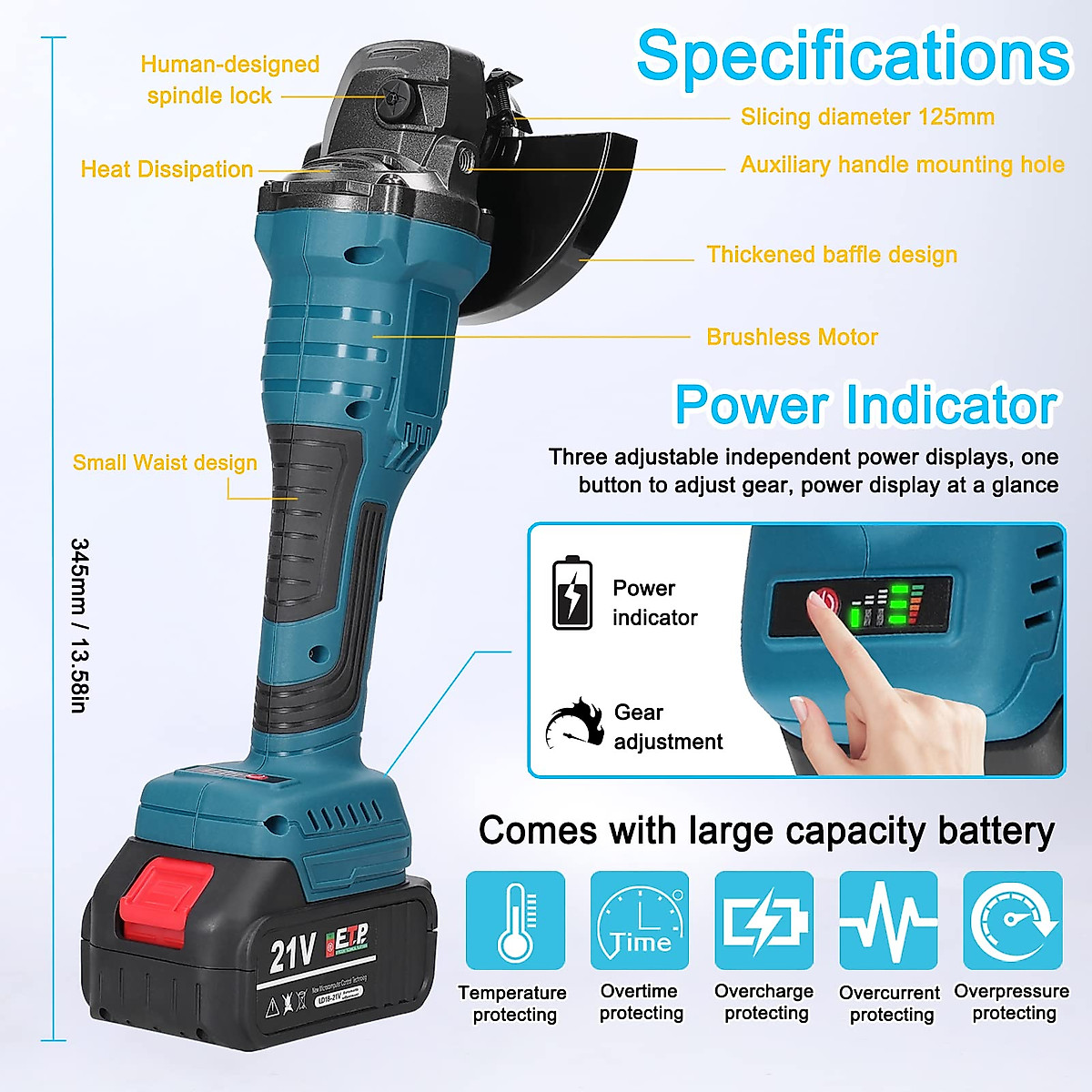 Cordless Angle Grinder, Weytoll 21V Brushless Cordless Grinder, Electric Grinding Wheels, Lithium Cutter Utility Power Tool 125mm M14 Angle Grinder With wrench, Assist Grip Handle and Baffle