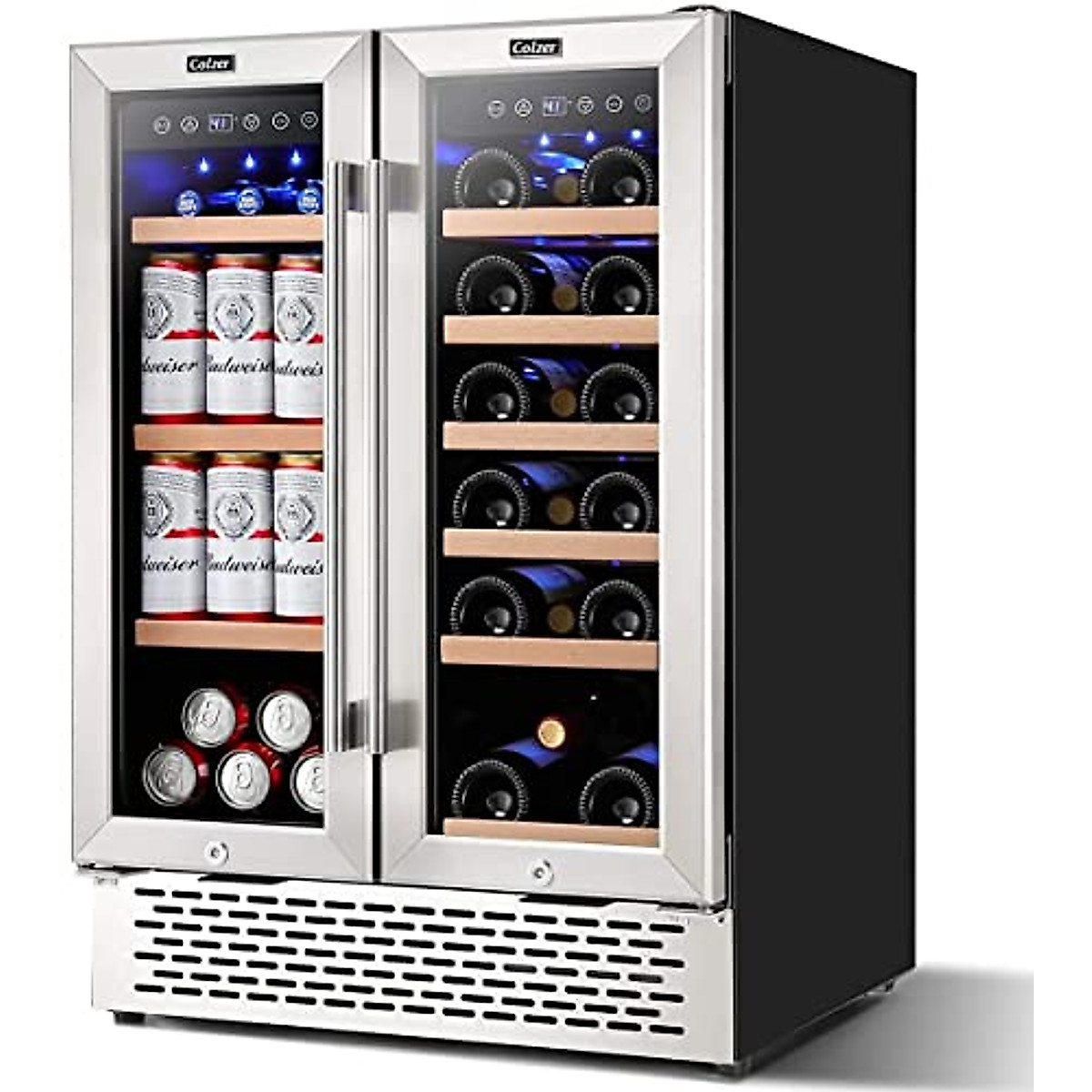 COLZER Wine and Beverage Refrigerator 24 inch, Dual Zone Wine Cooler Under Counter Lockable 18 Bottles and 57 Cans Fridge Built in Freestanding for Beer Soda Drink Bar Kitchen Cabinet Commercial