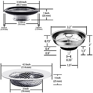 Buumook 3 Pack - Kitchen Sink Drain Strainer and Stopper Set for Most Sinks, Clog-Free Basket with Stainless Steel Body, Rubber