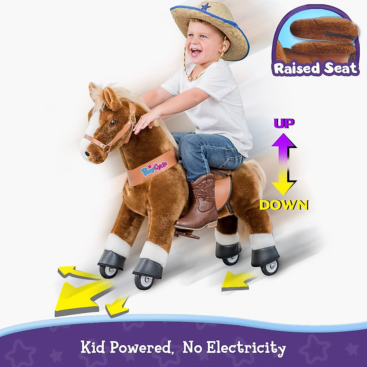 PonyCycle Riding Horse Toy with Brake, Sound Mechanical Pony Classic Model U Brown Giddy up Pony Plush Walking Animal Size 3 for Age 3-5 Years - Ux324