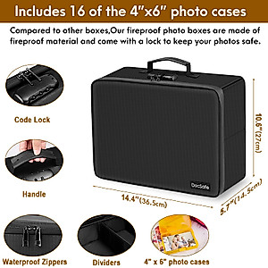 DocSafe Photo Storage Box with Lock,Fireproof Photo Organizer Box with 16 Inner 4" x 6" Photo Case(Multi-Colored),Collapsible Portable Photo Filing Safe Storage with Water-Resistant Zipper for Photos