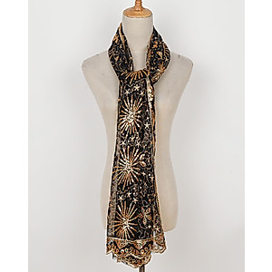 L'VOW Women's Glittering 1920s Scarf Mesh Sequin Wedding Cape Fringed Evening Shawl Wrap(S4-Black&Gold)