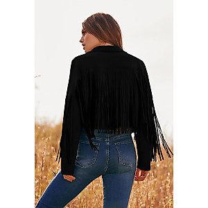 PRETTYGARDEN Women's Fringe Faux Suede Leather Jackets 2025 Fashion Tassel Motorcycle Cropped Coats (Black,Large)