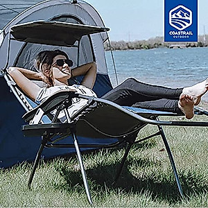 Coastrail Outdoor Premium Zero Gravity Reclining Lounge Chair with Sun Shade, Padded Seat, Cool Mesh Back, Pillow, Cup Holder & Side Table for Sports Yard Patio Lawn Camping, Support 400lbs Navy&Grey