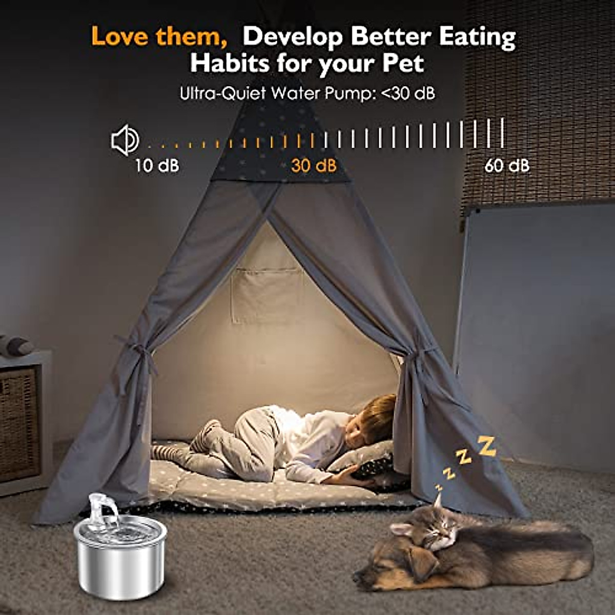 OASTRO Cat Water Fountain Stainless Steel, 68oz/2L Ultra Quiet Dog Water Bowl Indoor Pet Water Dispenser with Filters for Cats, Dogs, Multiple Pets